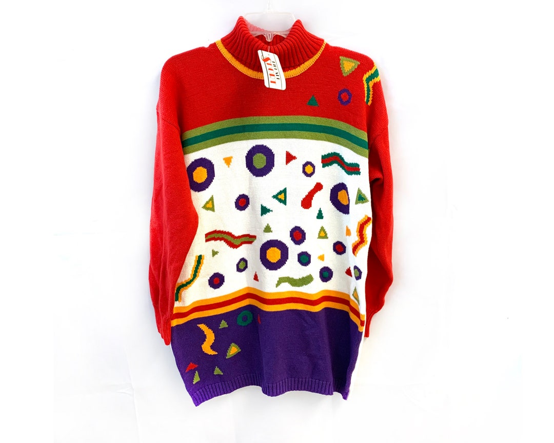 Vintage 80s Sweater Primary Colors Abstract Geometric New Old Stock Nwt ...