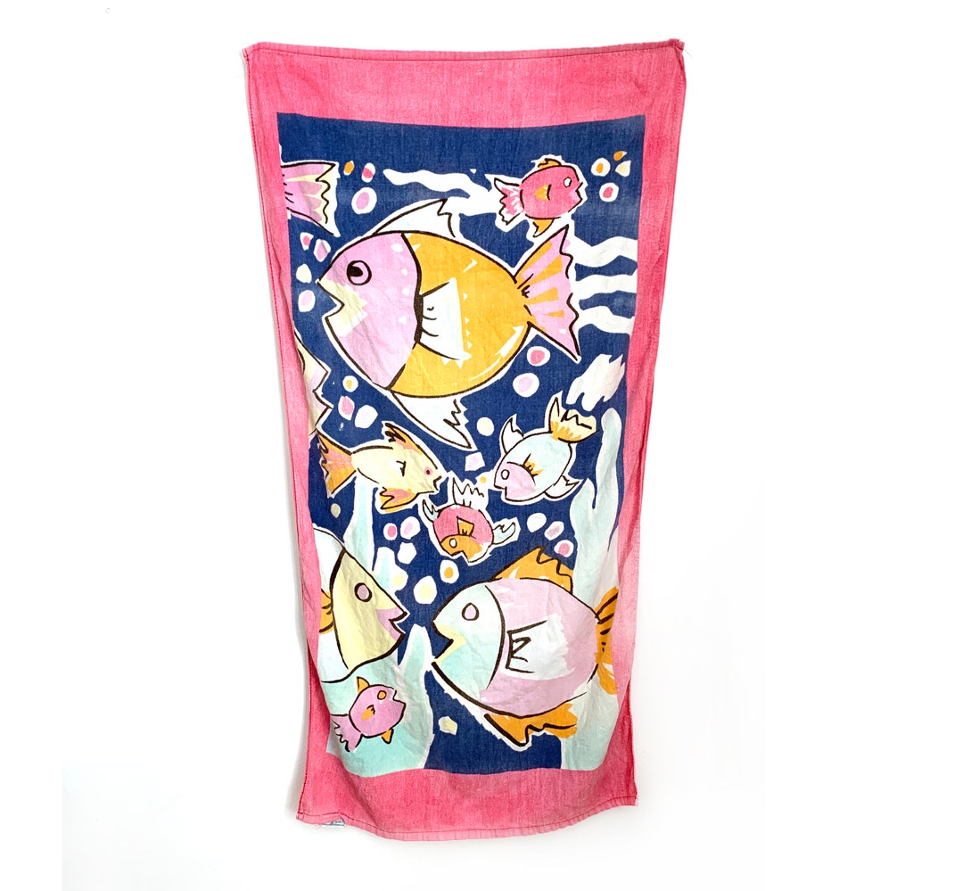 Vintage Beach Towel Fish Pattern 80s 90s Pink Blue - Etsy
