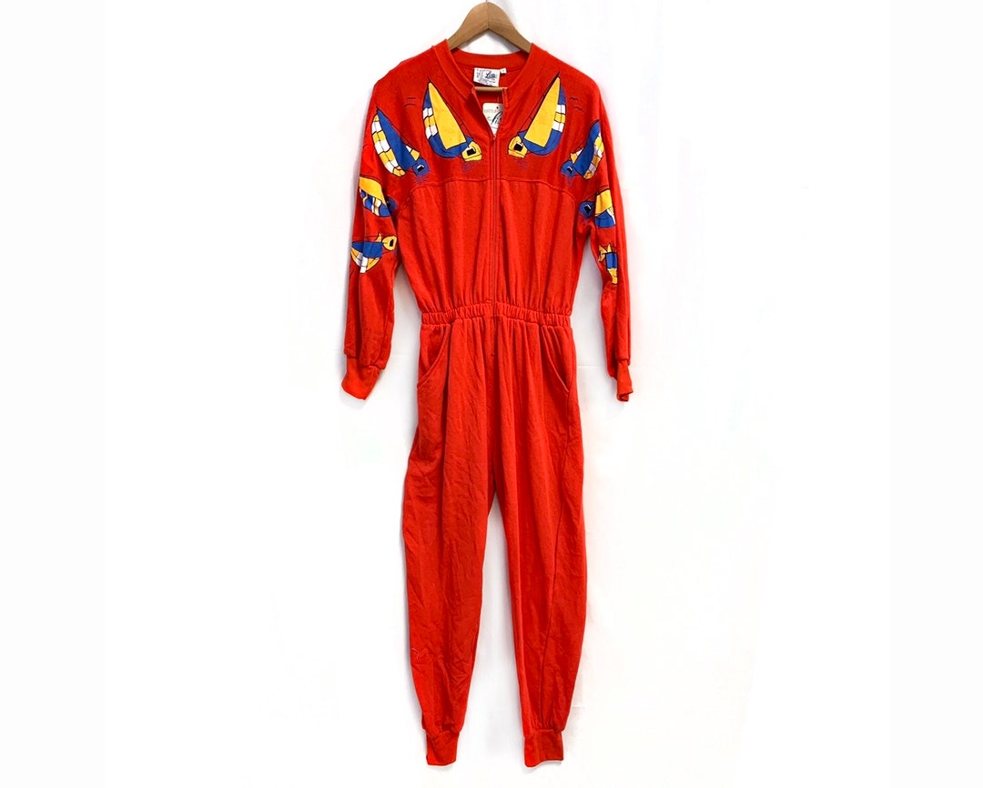 Vintage 80s Jumpsuit Romper One Piece Zip up Sail Boats Red New Old ...
