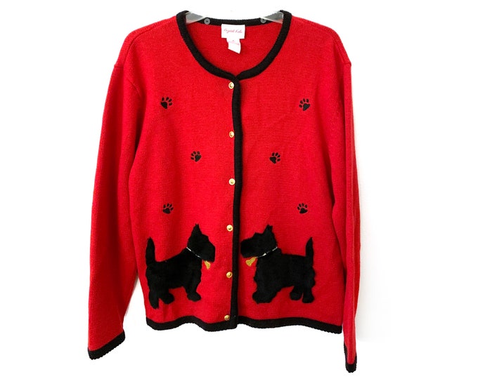 Vintage Scottie Dogs Sweater Red Black Cardigan Women’s 90s Christmas ...