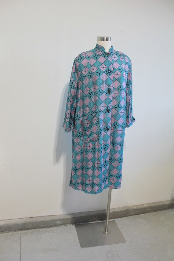 1950s Teal Asian Mid Century Diamond Print Rayon Robe… - Gem