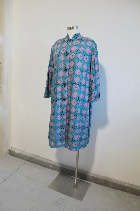 1950s Teal Asian Mid Century Diamond Print Rayon Robe… - Gem