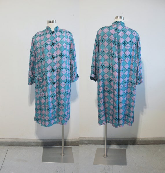 1950s Teal Asian Mid Century Diamond Print Rayon Robe… - Gem
