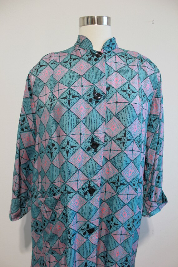 1950s Teal Asian Mid Century Diamond Print Rayon Robe… - Gem