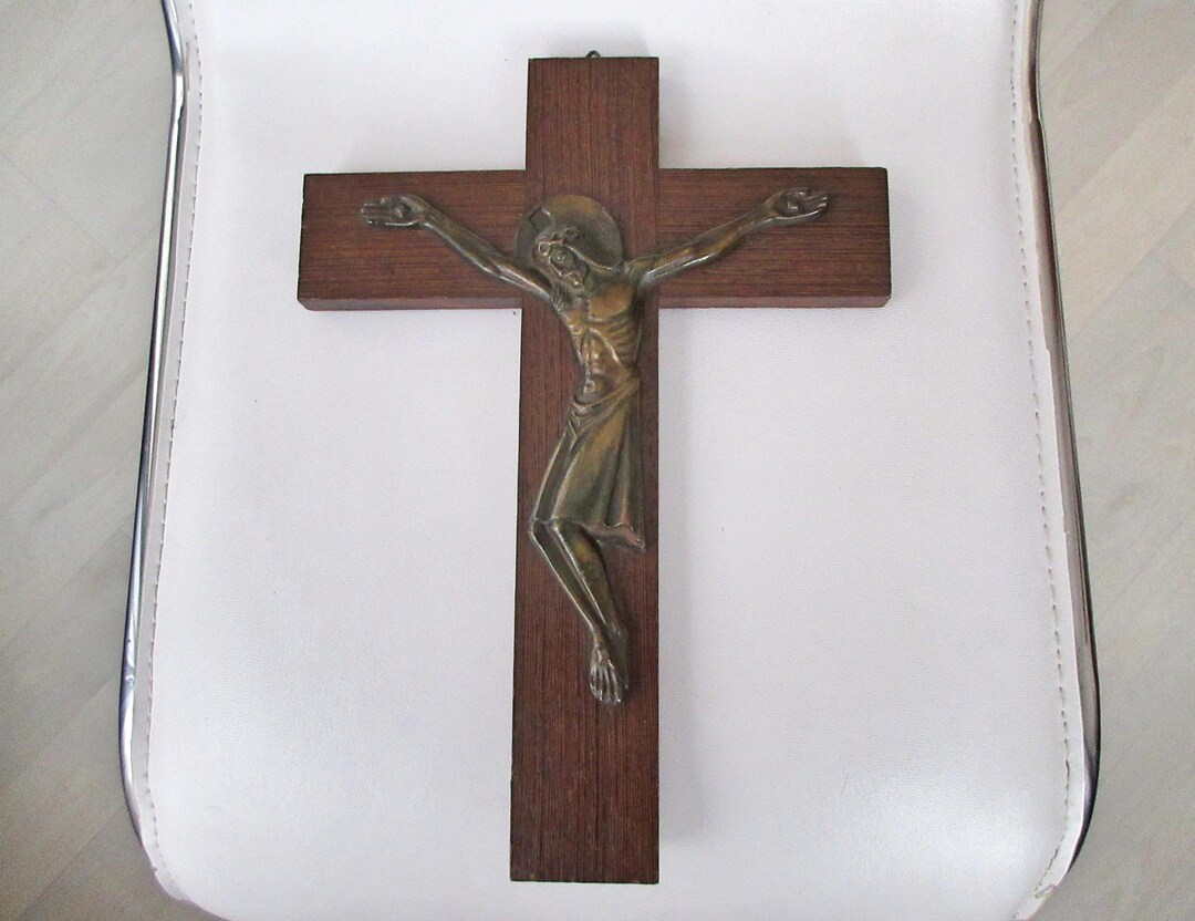 Vintage Crucifix Wall Hanging, Wood & Brass, Christian Religious Decor ...