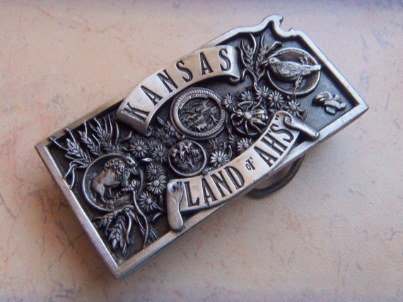 80s Vintage KANSAS Pewter Buckle "LAND of AH'S" S&S L… - Gem