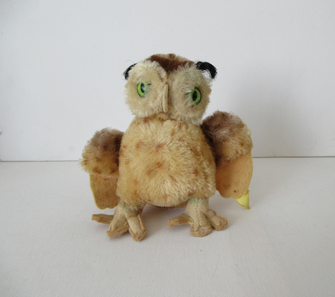 1960s. Vintage STEIFF WITTIE Standing OWL Mohair Toy Glass Pupil, West ...