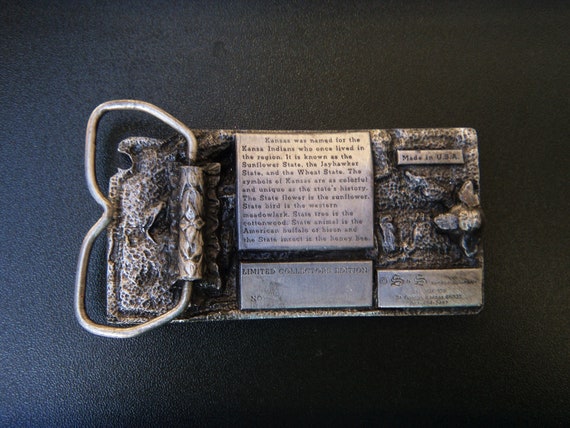 80s Vintage KANSAS Pewter Buckle "LAND of AH'S" S&S L… - Gem