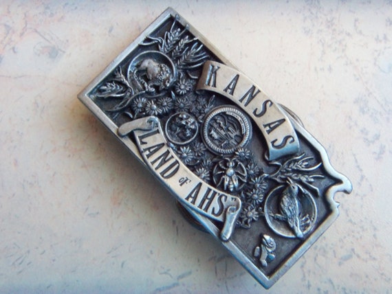 80s Vintage KANSAS Pewter Buckle "LAND of AH'S" S&S L… - Gem