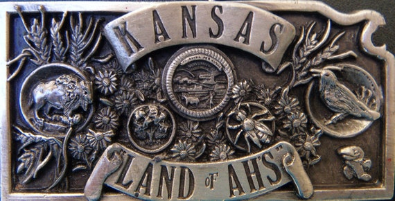 80s Vintage KANSAS Pewter Buckle "LAND of AH'S" S&S L… - Gem