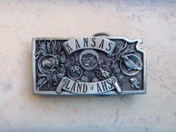 80s Vintage KANSAS Pewter Buckle "LAND of AH'S" S&S L… - Gem