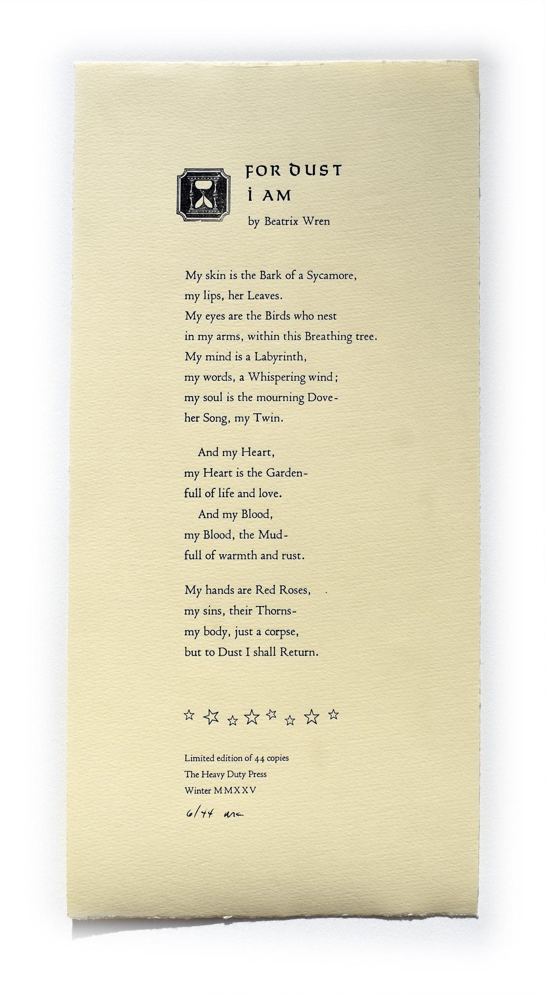 For Dust I Am by Beatrix Wren, Letterpress Print - Etsy