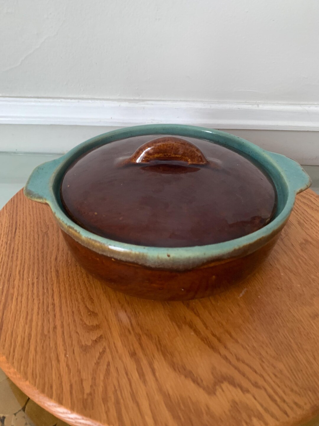 Vintage Brown Glazed Pottery Lidded Dish With Robins Egg Interior - Etsy