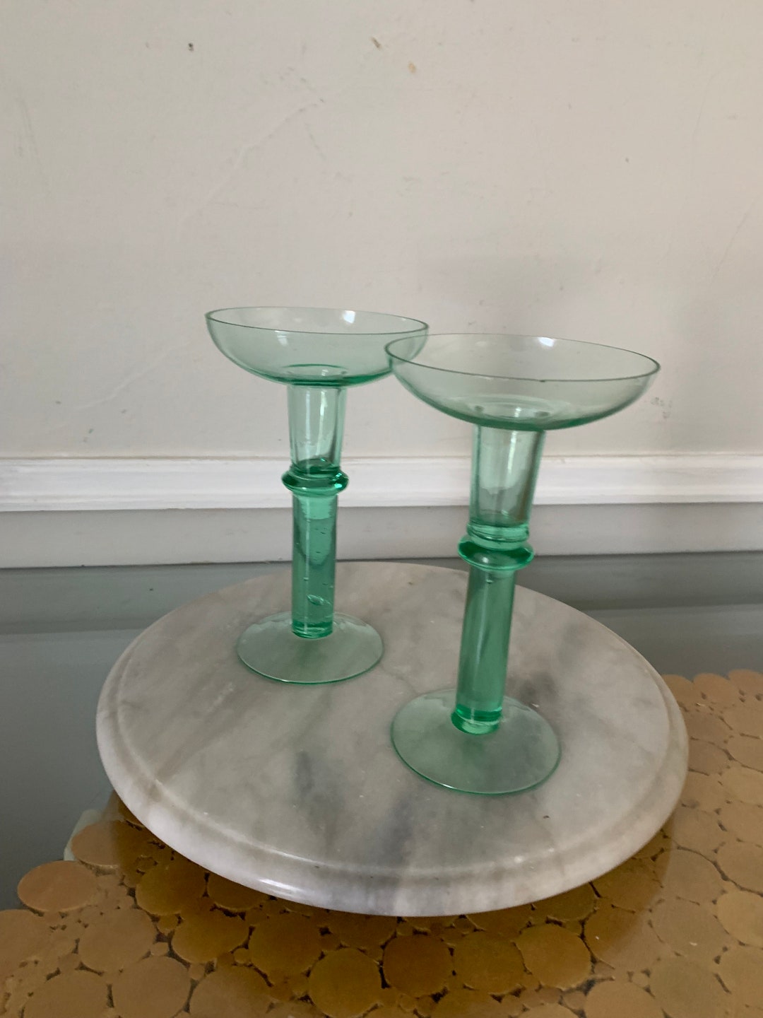 Pair of Vintage Green Glass Candlesticks - Etsy