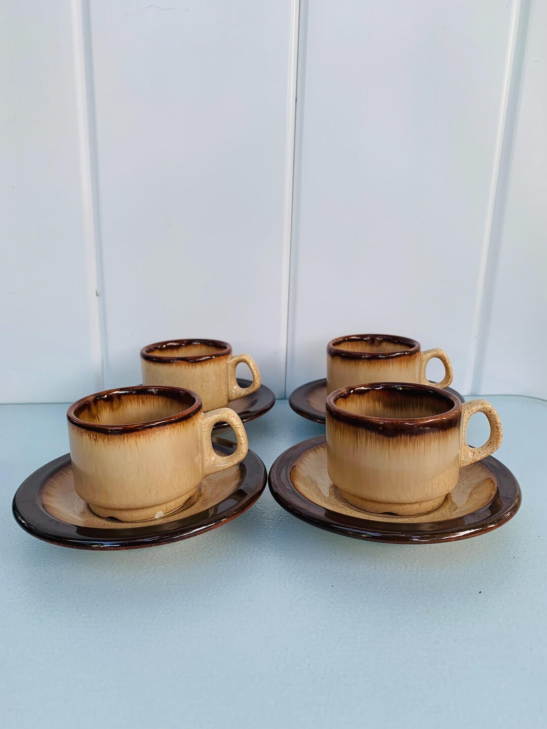 Vintage Set of 4 Gres Oxford Brown Stoneware Espresso Cups and Saucers ...