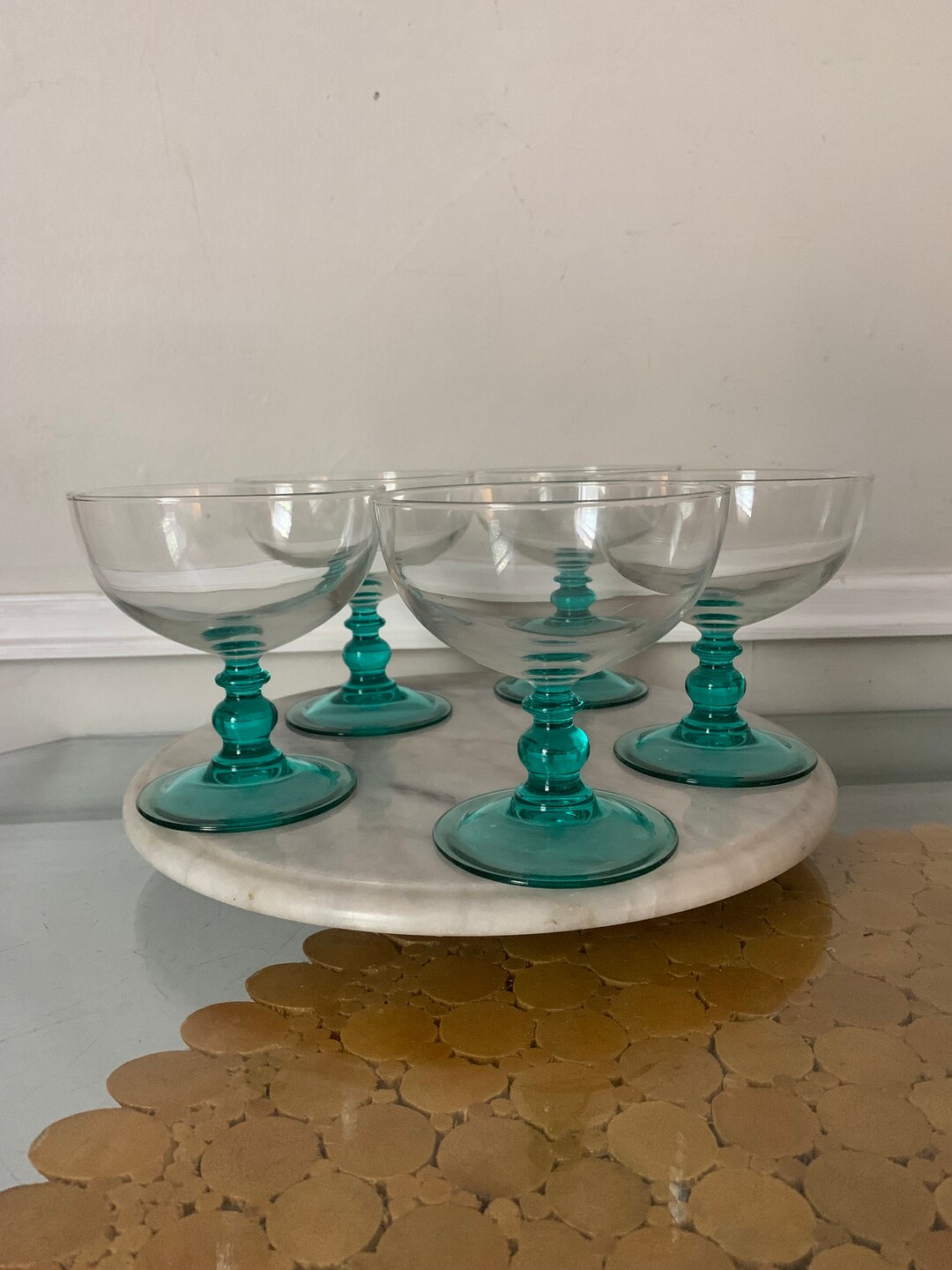 Set of 5 Clear Bowl and Turquoise Stem Glass Sundae/desert Glasses ...
