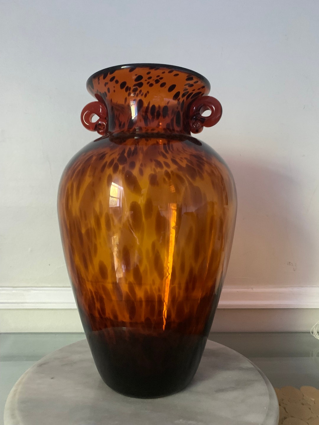 Vintage Tall Double Handle Hand Blown Tortoise Shell Pattern Glass Vase ...