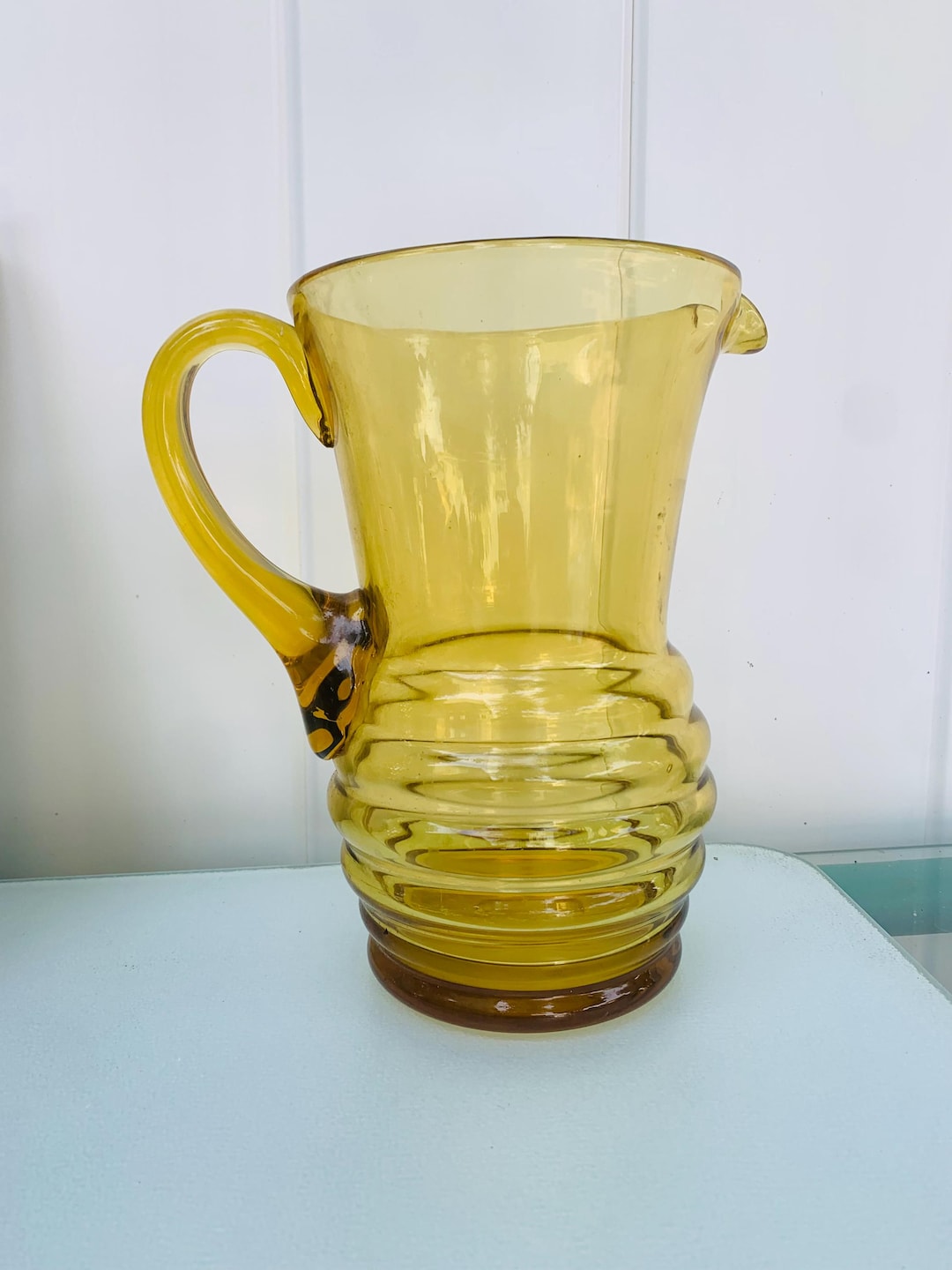 MCM Yellow Glass Pitcher With Beehive Bottom - Etsy
