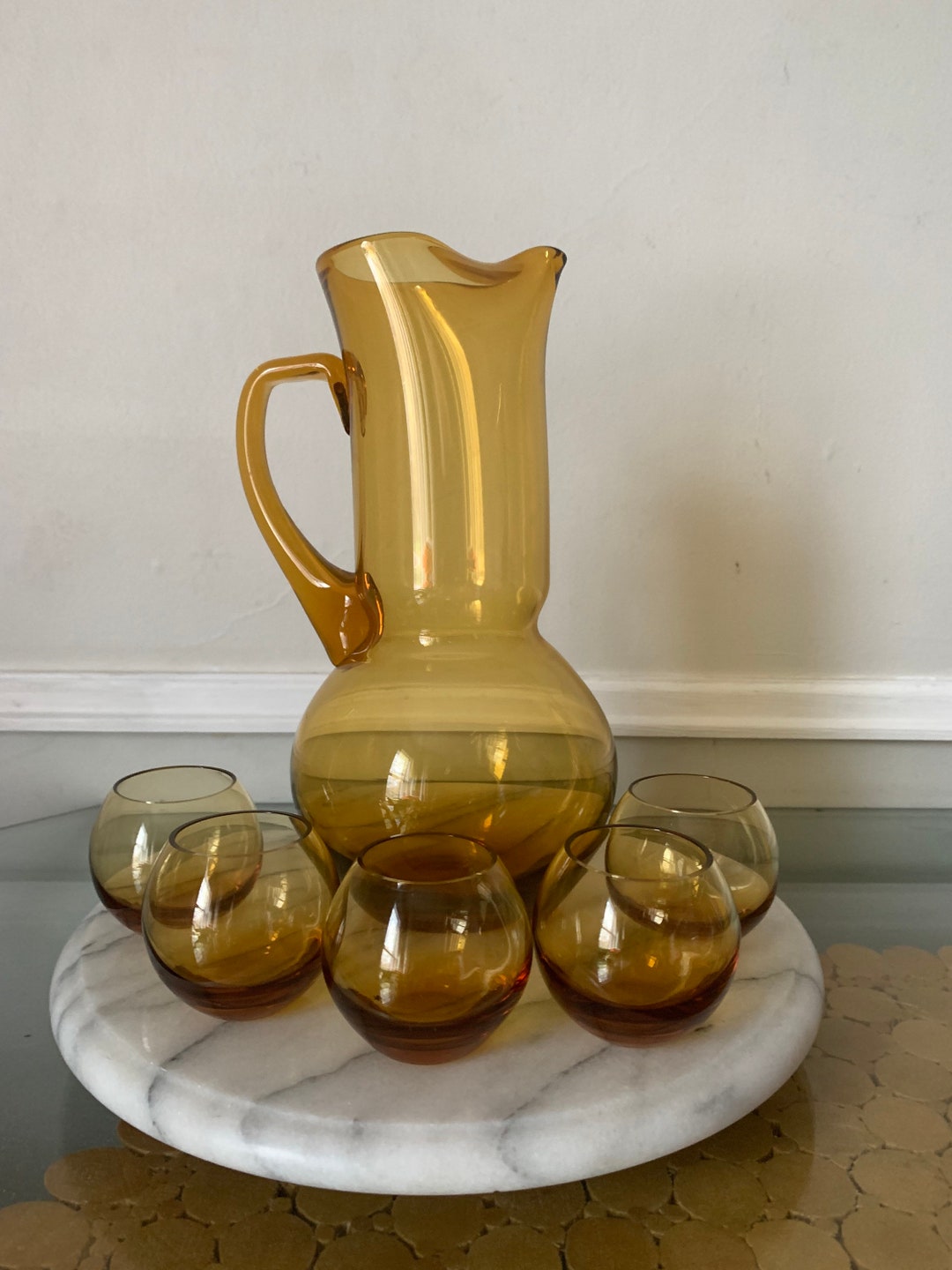 MCM Roly Poly Yellow Glass Pitcher With 5 Teeny Roly Poly Cups - Etsy
