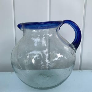 Beautiful Cobalt Blue and Clear Handblown Glass Pitcher - Etsy