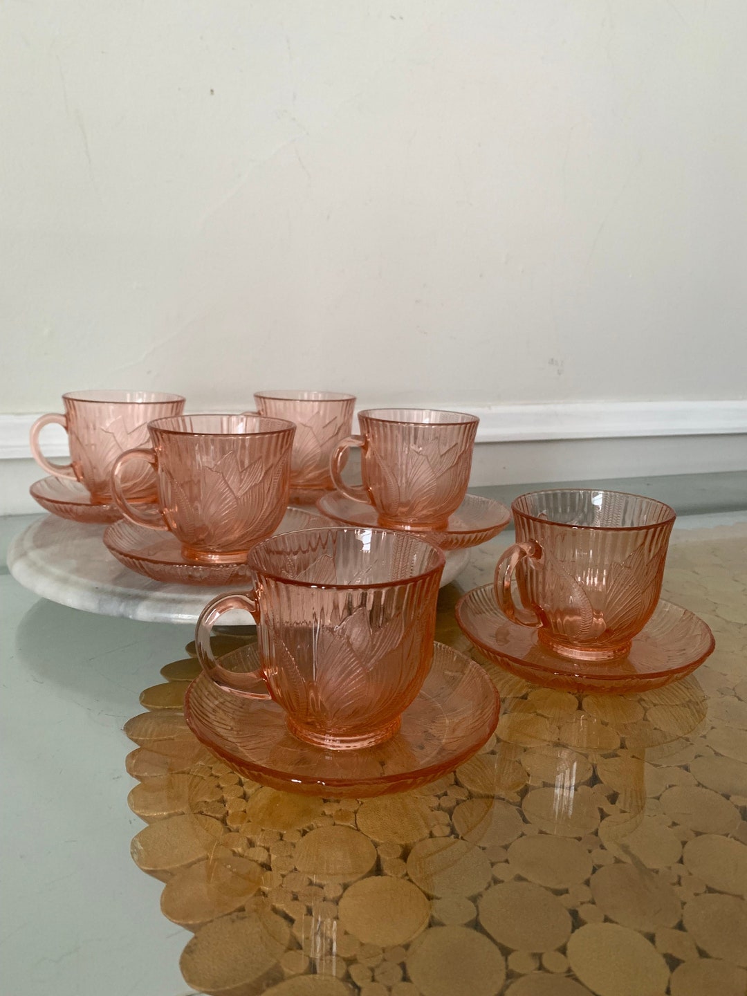 Set of 6 Vintage Arcoroc Pink Glass Canterbury Tea Cups & Saucers Made ...