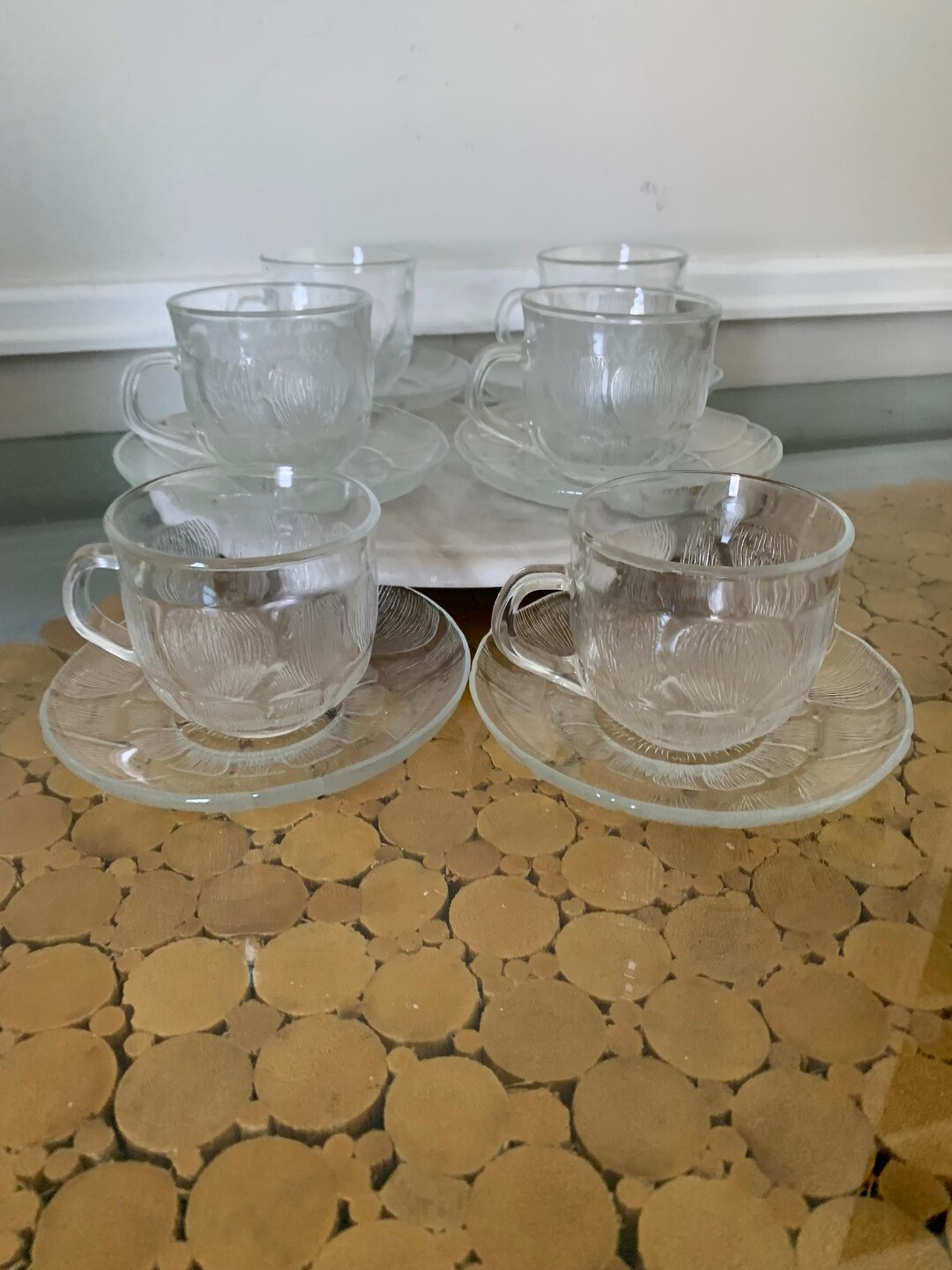 Set of 6 Vintage Arcoroc Clear Glass Canterbury Tea Cups & Saucers Made ...