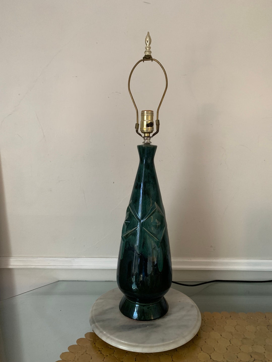 Tall MCM Green Glazed Pottery Table Lamp No Shade - Etsy