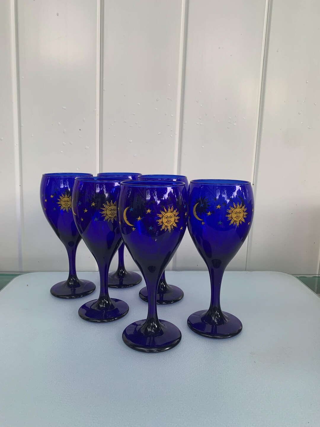 Set of 6 Retro Libbey Celestial Cobalt Blue Gold Sun Moon and Stars Wine Glasses - Etsy