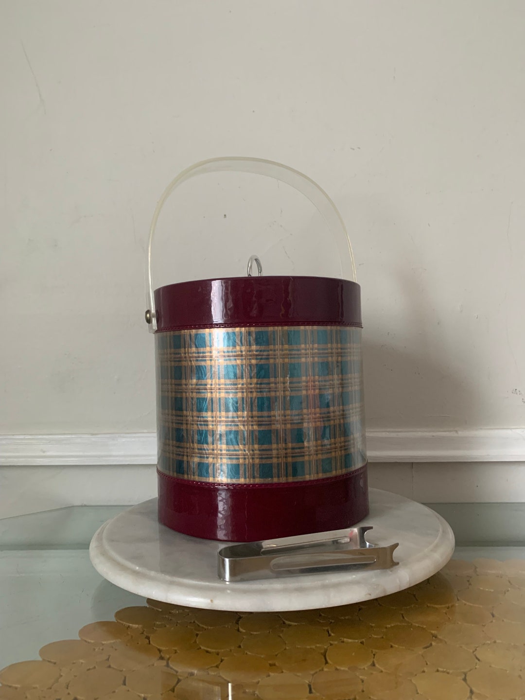 MCM Deep Red Patent Leather & Tartan Ice Bucket With Tongs - Etsy