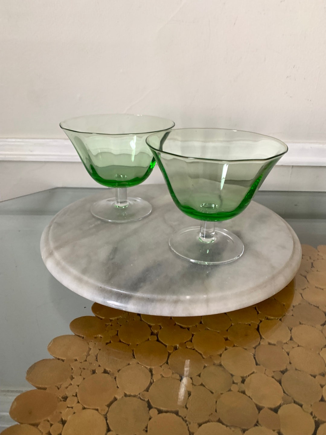 Set of 2 Vintage Clear Green Glass Dessert Dishes - Etsy