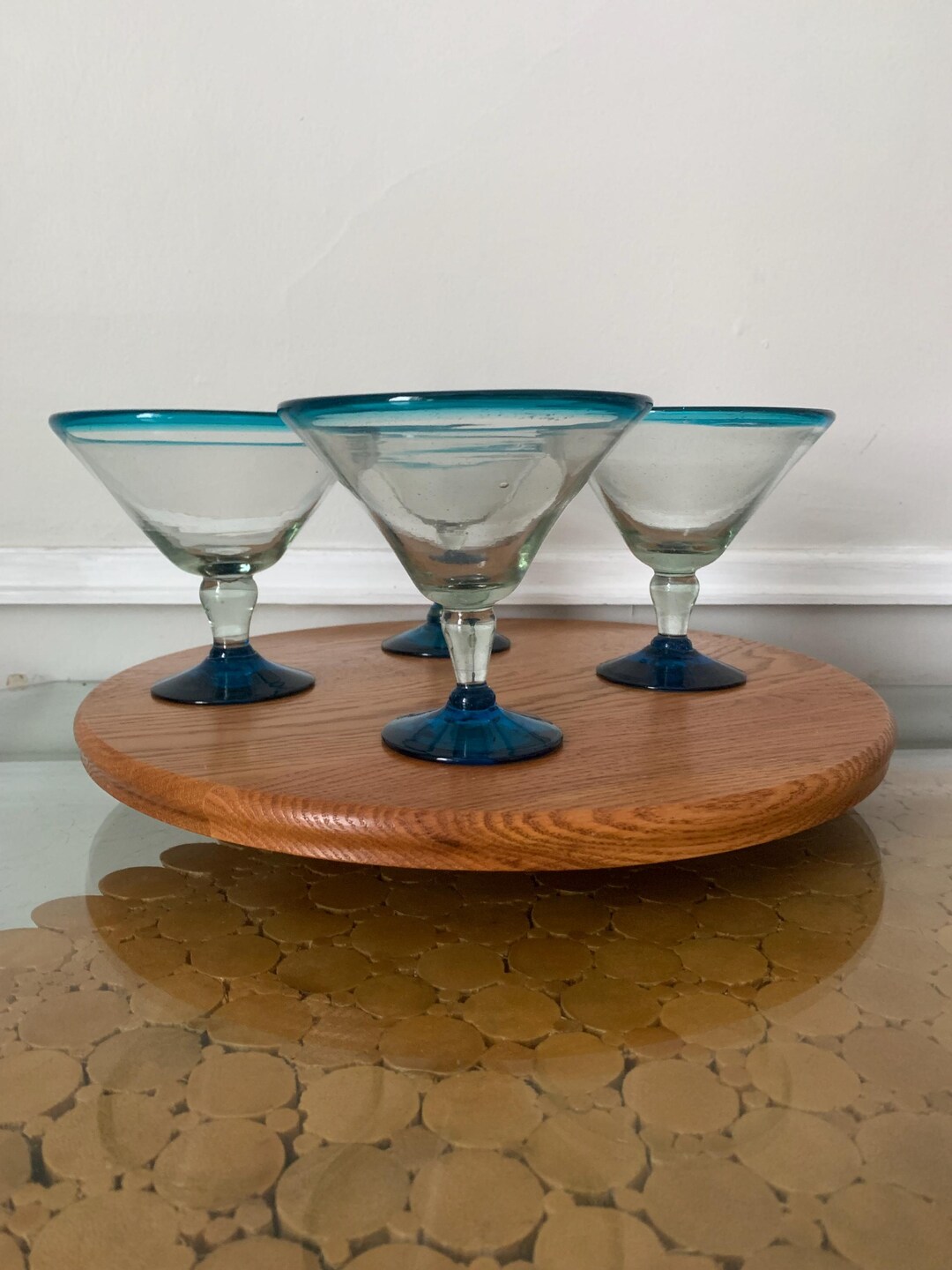 Retro Set of 4 Short Hand-made Mexican Aqua Rimmed Martini Glasses - Etsy