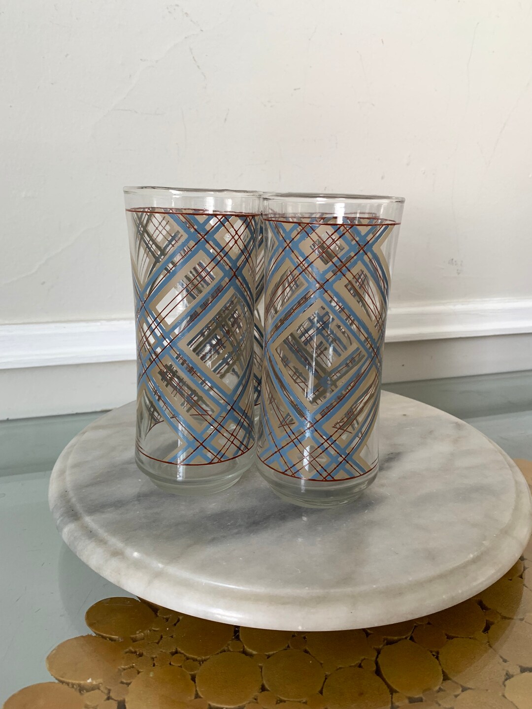 MCM Blue and Brown Tartan Bell Flare Lip Tumblers - Etsy