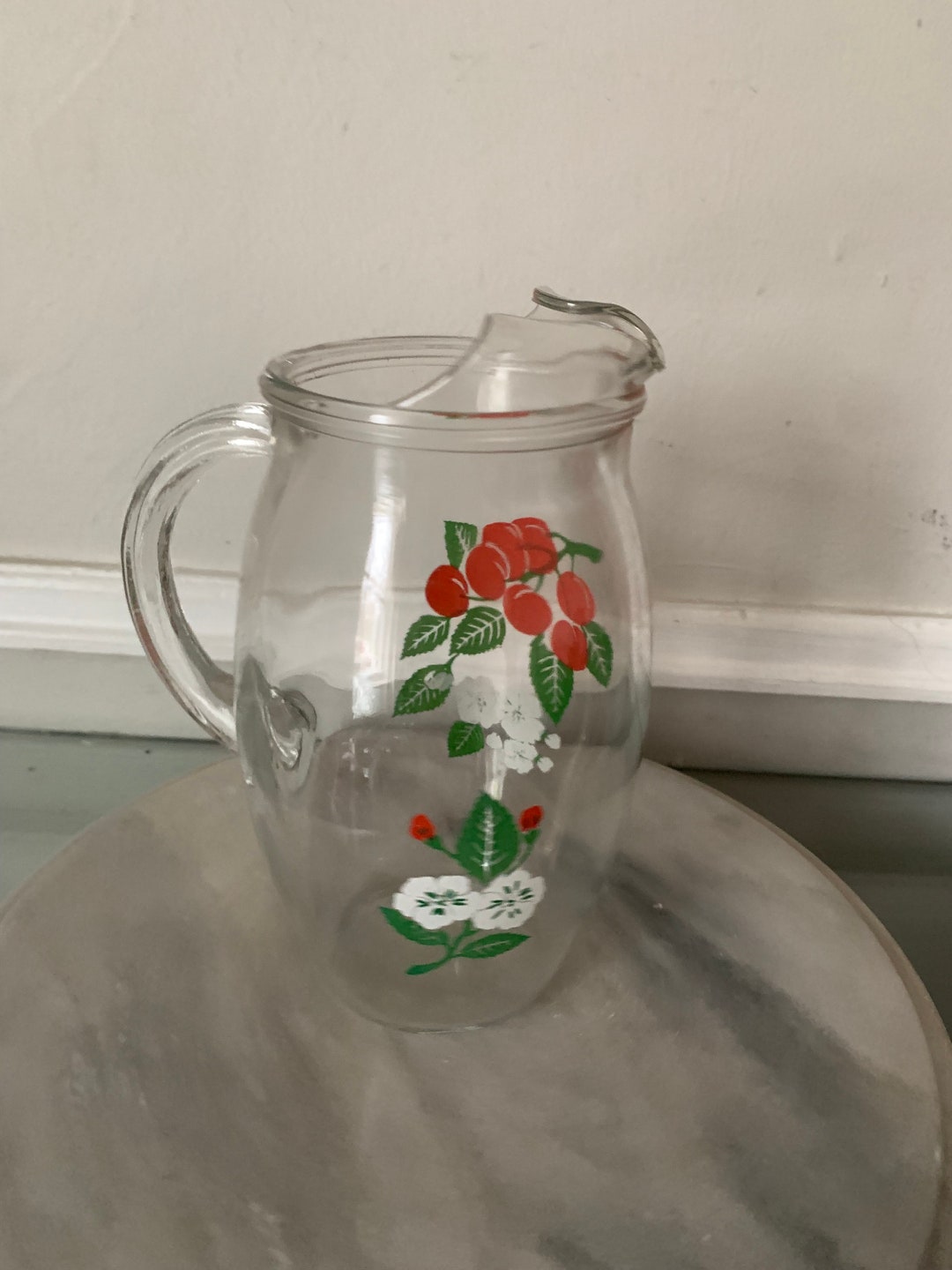 Vintage Small Red Cherry Glass Pitcher With Handle - Etsy