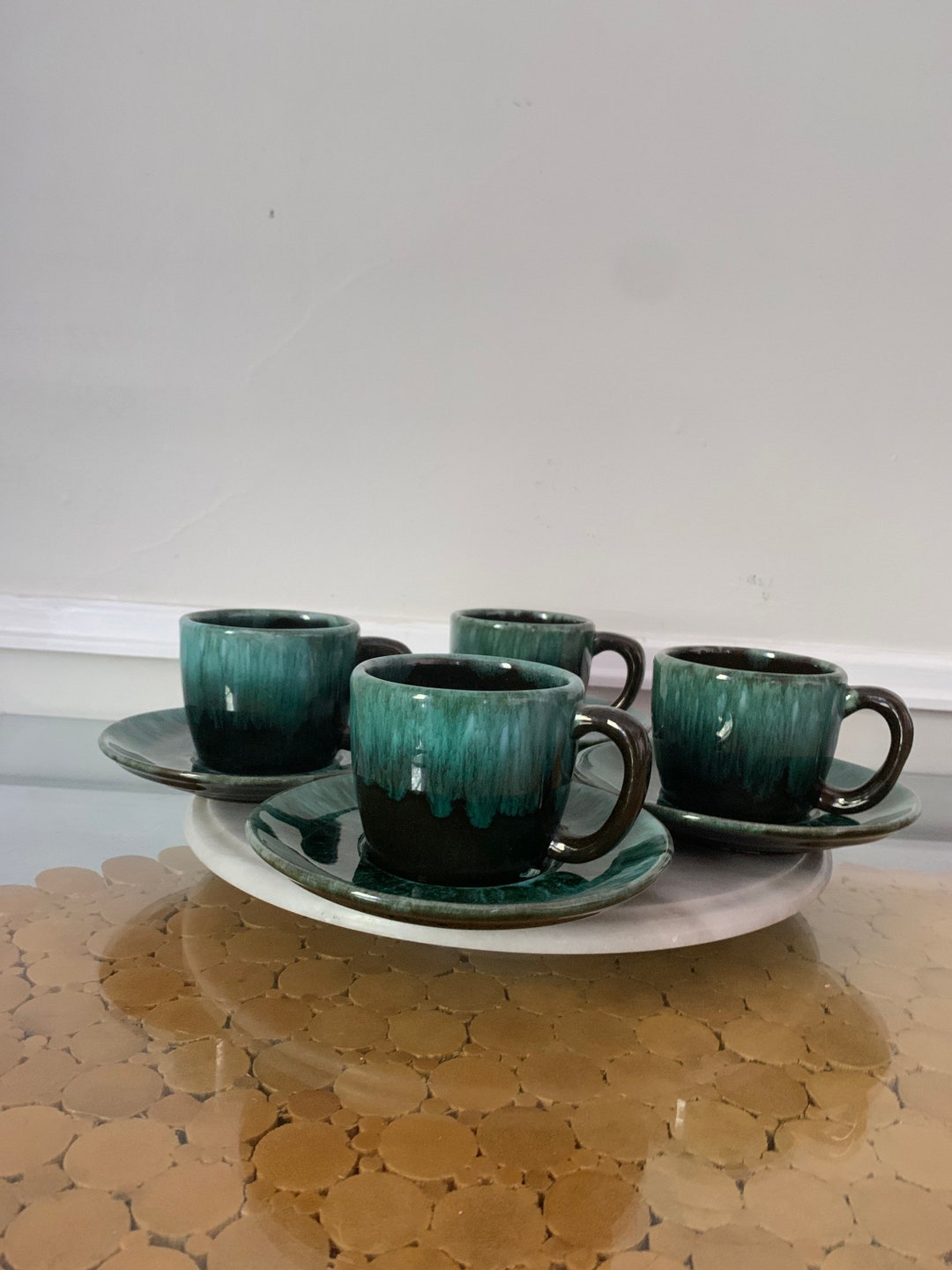 Set of 4 MCM Green Drip Glaze Pottery Mugs & Saucers - Etsy
