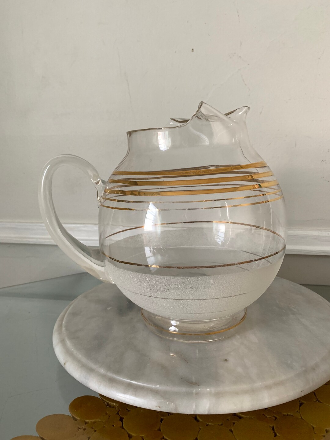 MCM Chubby Clear Glass Pitcher With Gold Stripes - Etsy
