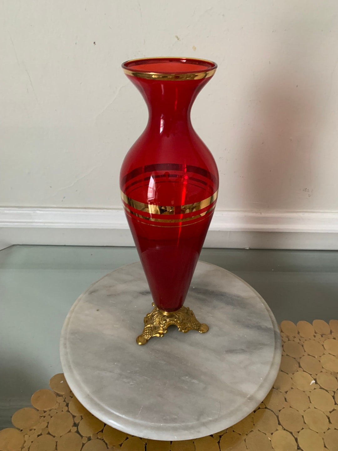 Vintage Tall Red Glass Vase With Gold Stripes and Brass Base - Etsy