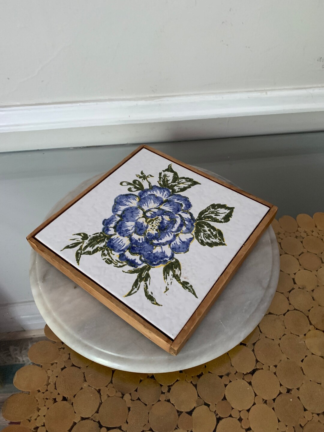 Vintage White Tile Trivet With Blue Flower With Wood Frame Made in ...