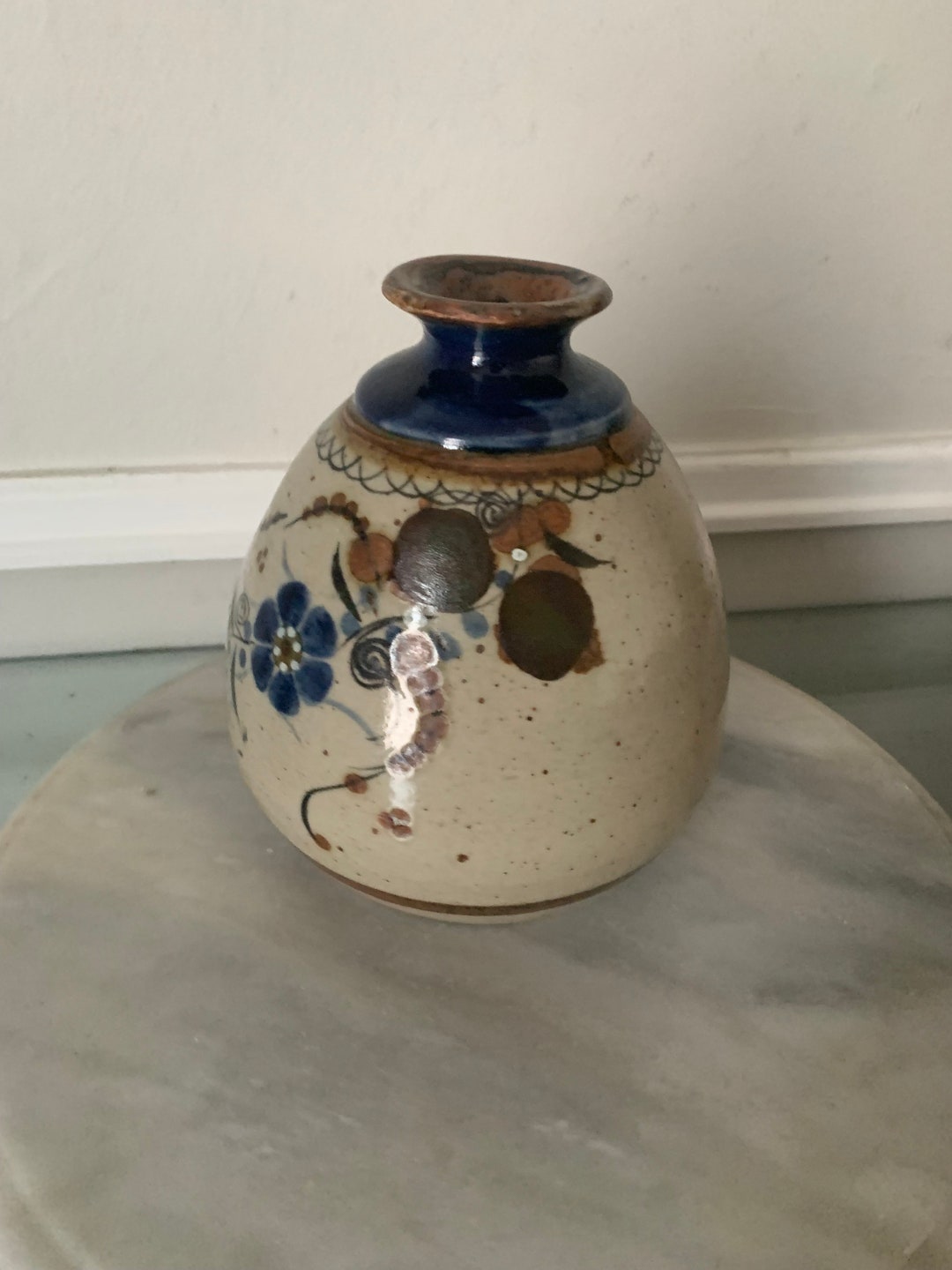 Retro Pottery Vase With Blue Flowers - Etsy