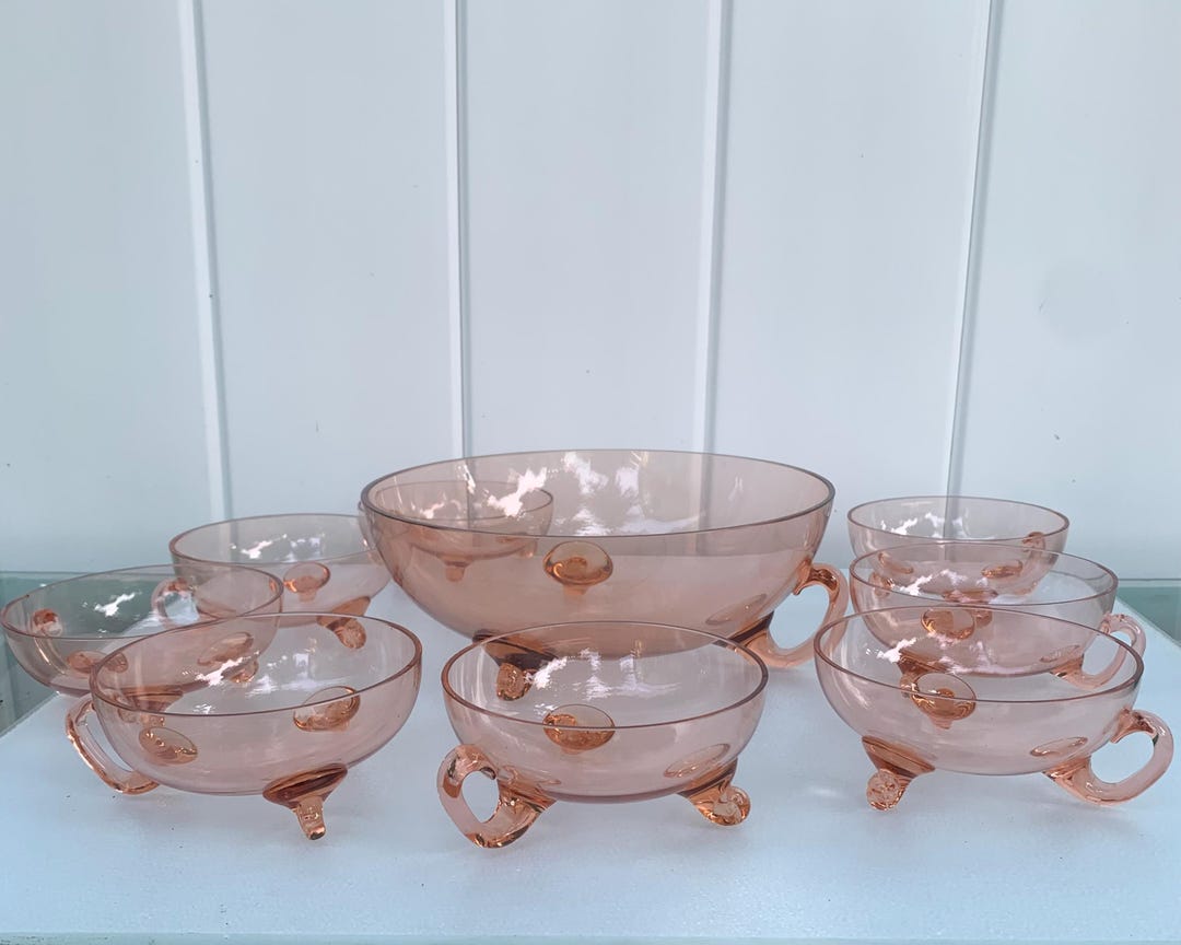 Vintage Pastel Pink Glass Punch Bowl With Glasses - Etsy