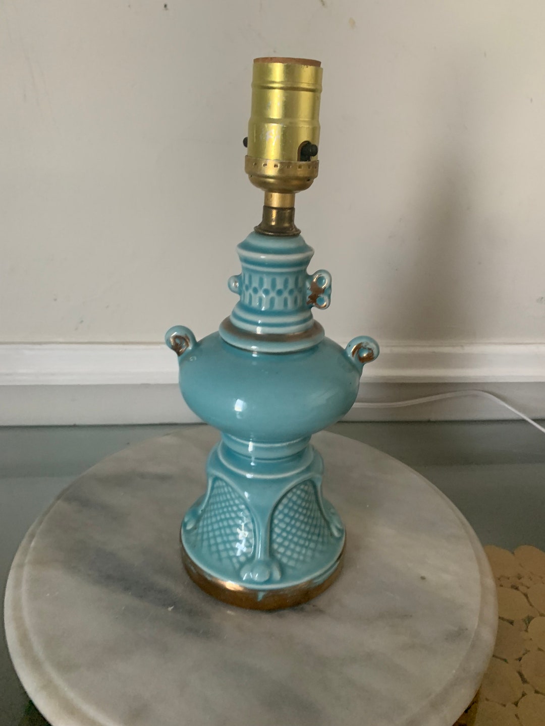 Small Vintage Turquoise and Gold Ceramic Lamp No Shade - Etsy