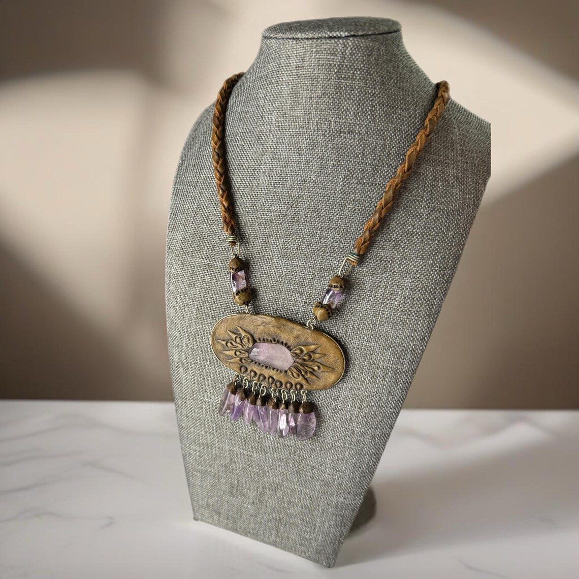 Vintage Artisan Amethyst Stone Polymer Clay Leather Statement Pendant ...