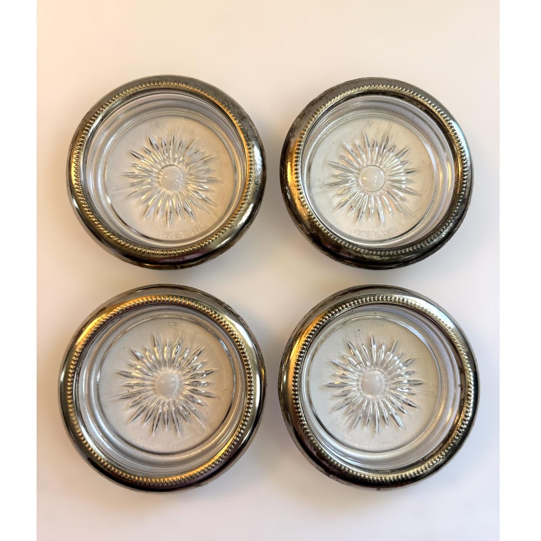 Vintage Leonard Glass Mid Century Cut Glass Silver Plate Coaster Set ...