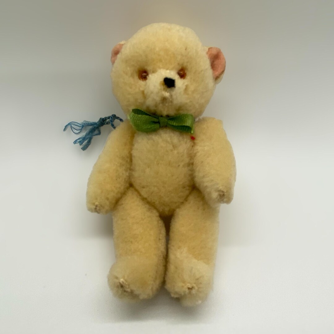 Vintage Jointed Flocked Felt Tan Teddy Bear Bow Tie Holiday Ornament ...