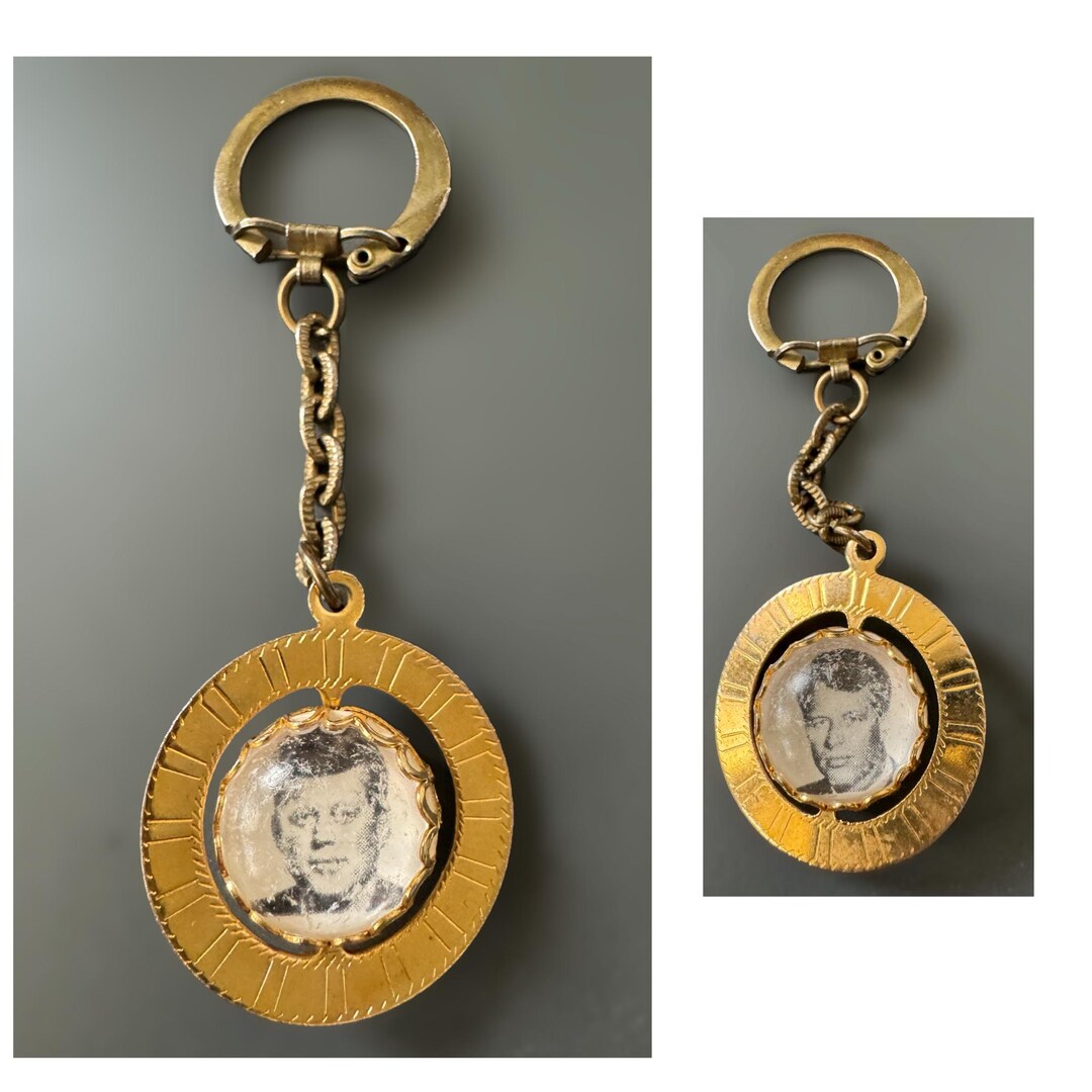 Vintage Gold Tone JFK RFK Kennedy Spinner Globe Double Sided Keychain ...