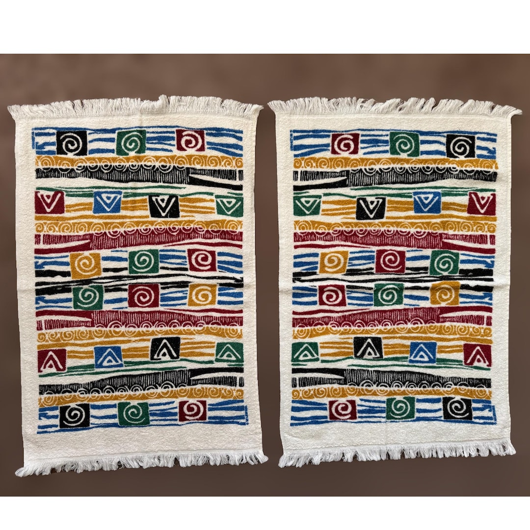 Vintage New Leshner Mills Set of 2 Hand Towels Abstract Geometric Aztec ...