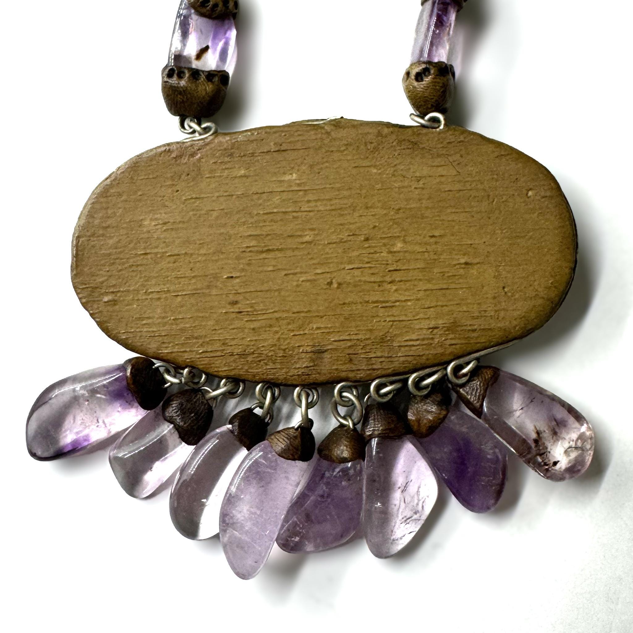 Vintage Artisan Amethyst Stone Polymer Clay Leather Statement Pendant ...