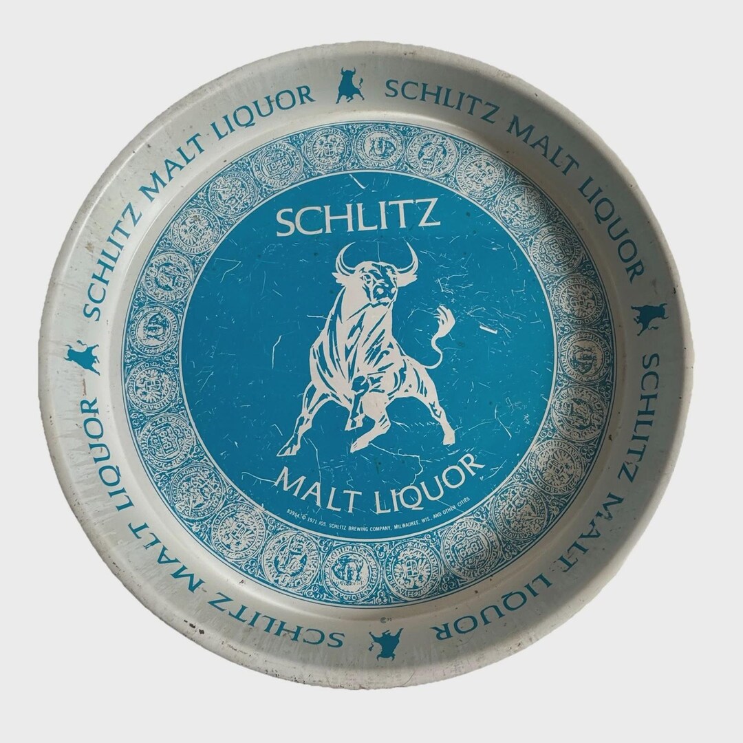 Vintage 1971 Schlitz Malt Liquor Metal Serving Tray Blue Bull Logo 13 ...