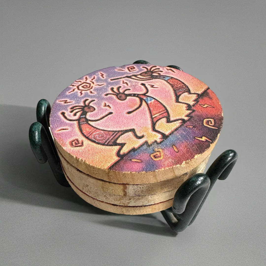 Thirtsystone Sand Art Kokopelli Southwest Native Coaster Set With Iron ...
