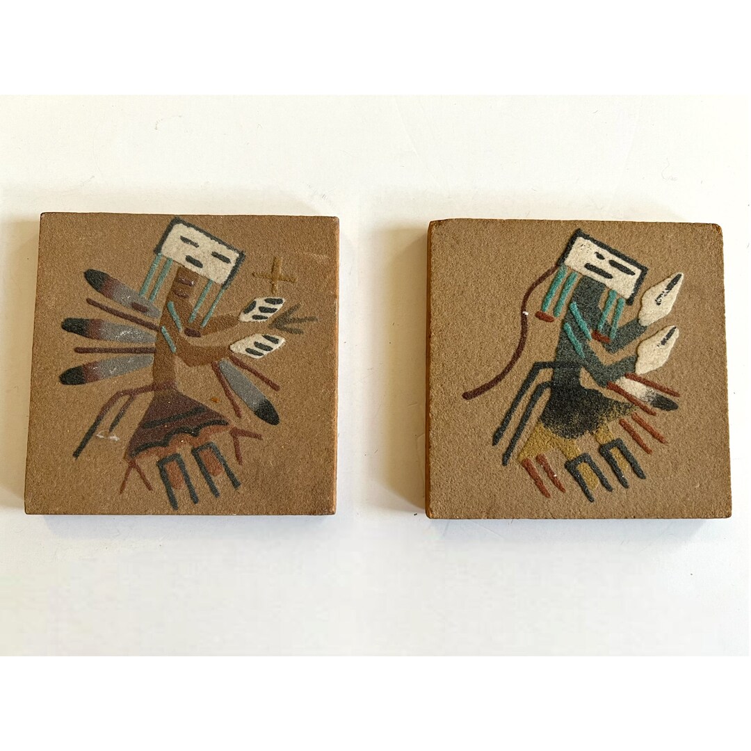 Vintage Set of 2 Native American Kachina Sand Art Sandstone Painted ...