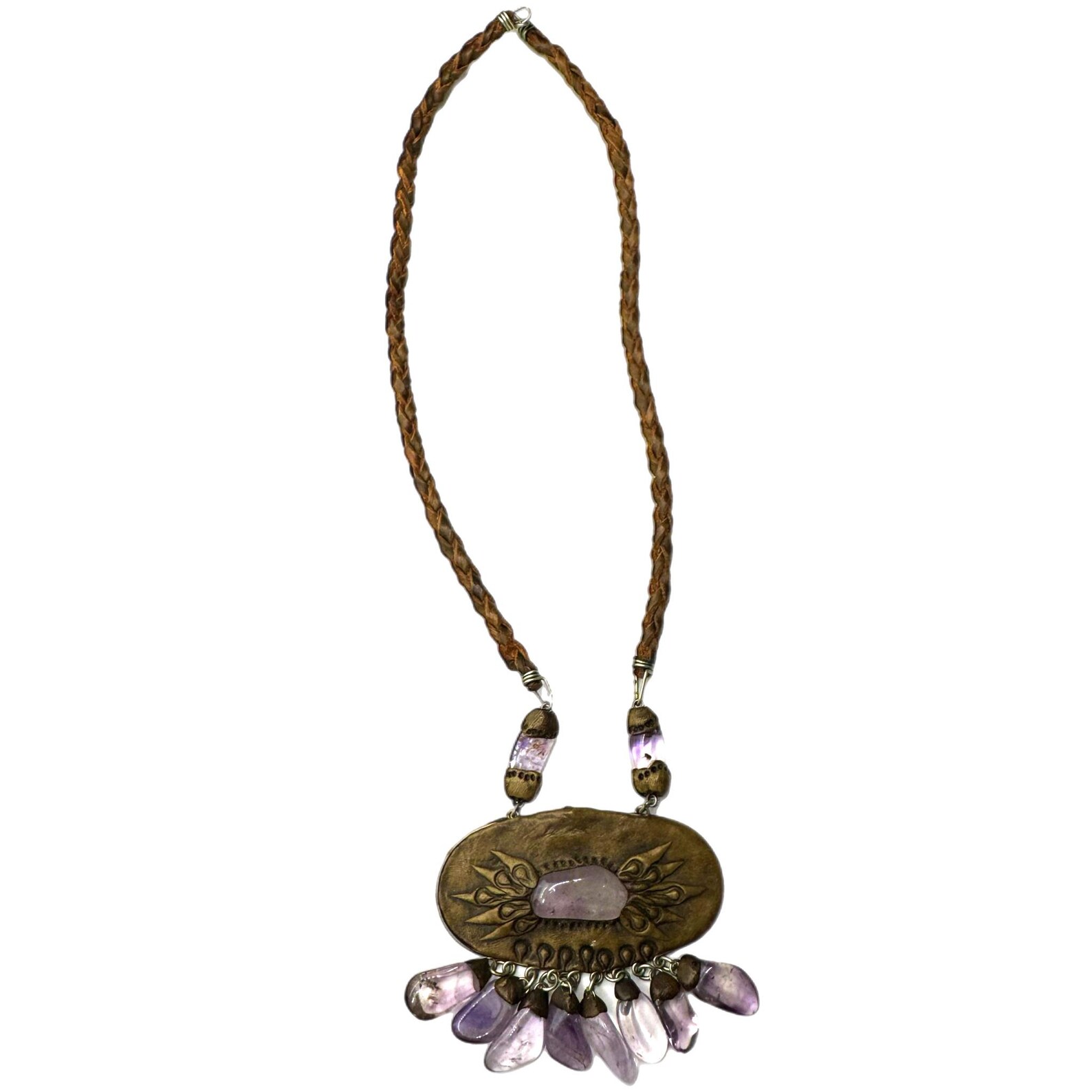 Vintage Artisan Amethyst Stone Polymer Clay Leather Statement Pendant ...